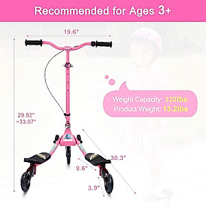 AODI Swing Scooter for Kids, 3 Wheels Foldable Wiggle Scooter Push Drifting with Adjustable & 2 Rear LED Wheels Kicks Scooter for Boys and Girls Ages 3-8