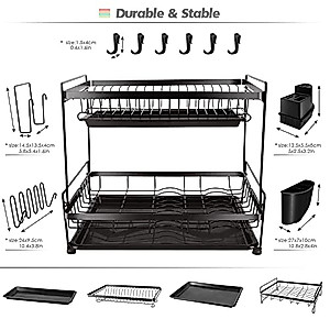 Zvonema Large Dish Drying Rack, 2-Tier Dish Racks for Kitchen Counter, Stainless Steel Dish Drainers with Drainboard & Removable Utensil Holder Cup Holder, Space Saving Dish Rack, Black