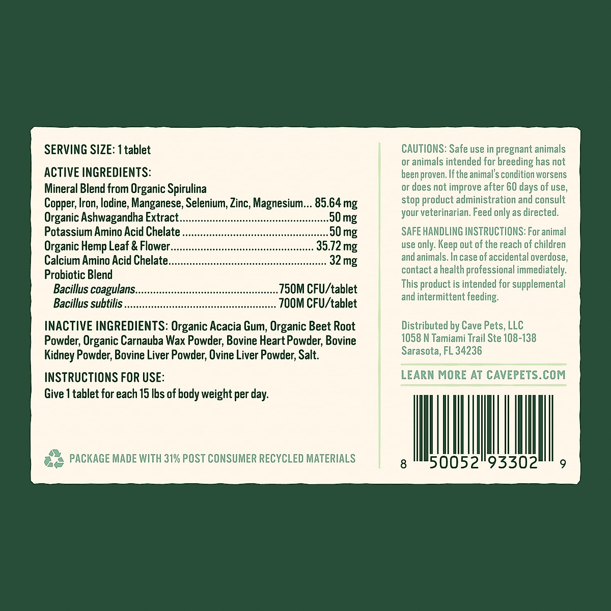 Cave Pets, Super Chomp Tablets, Dog Probiotic Supplement for Digestive Health and Natural Relaxation, Multi-Glandular & Hemp, 60 Tablets