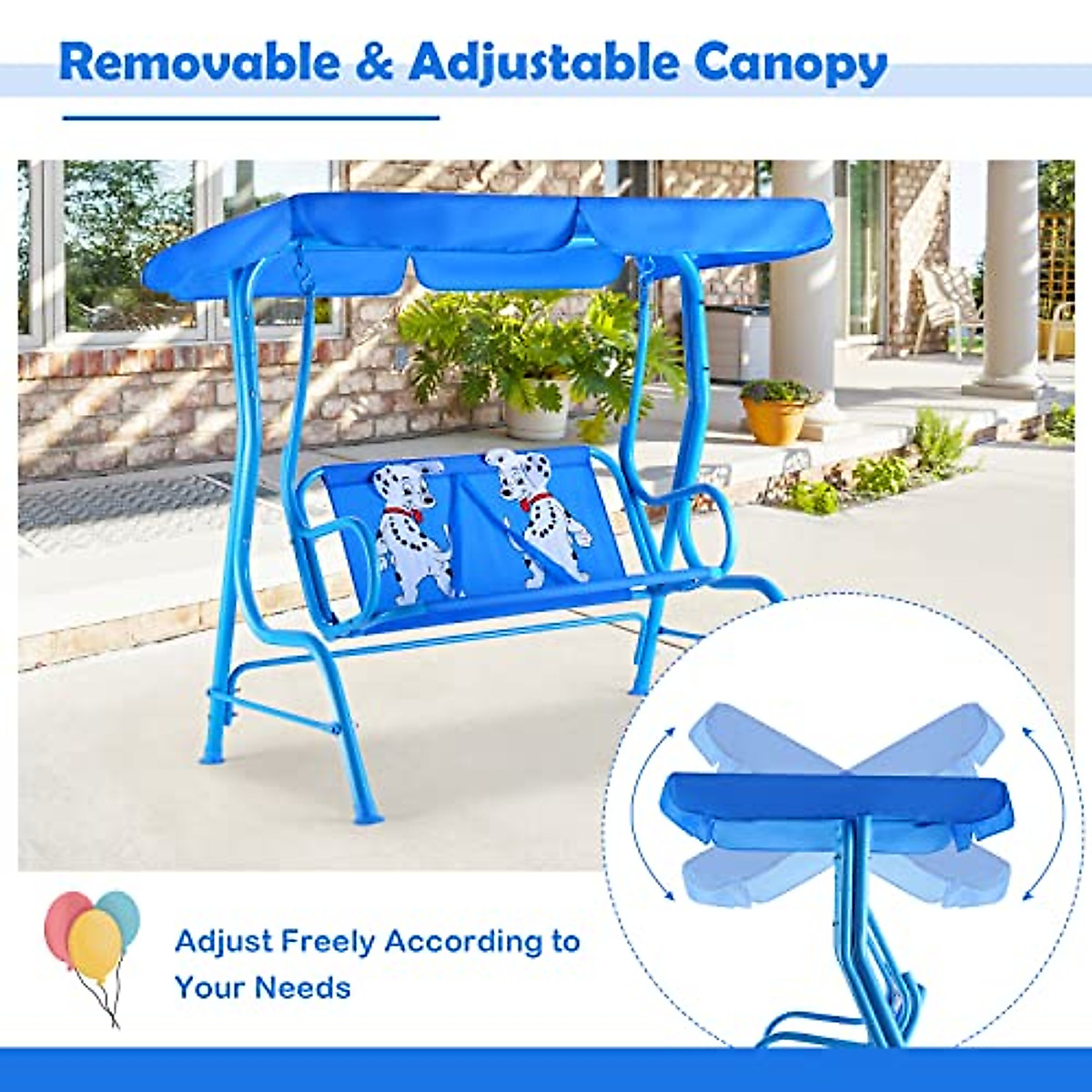 Costzon Patio Swing, All-Weather Porch Swing w/ Safety Belt, 2 Seats Outdoor Lounge Chair Hammock w/ Removable Canopy, Outdoor Swing Bench for Backyard Lawn Garden (Puppy Pattern, Blue)