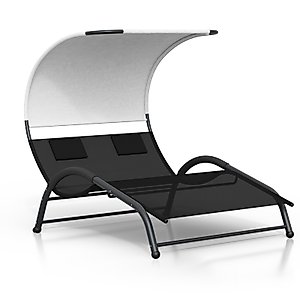 Double Chaise Lounge with Canopy - Extra Large Double Patio Hammock Sunbed Swing, Headrests, 2 Person Patio Rocking Lounge Chair Sturdy Metal Frame with Armrests for Poolside, Backyard, Garden