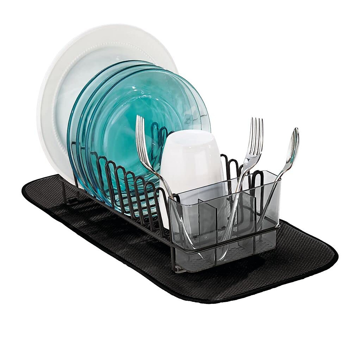 mDesign Compact Modern Metal Dish Drying Rack and Microfiber Mat Set for Kitchen Countertop, Sink - Drain and Dry Wine Glasses, Bowls and Dishes - Removable Cutlery Tray - Set of 2 - Black/Smoke Gray