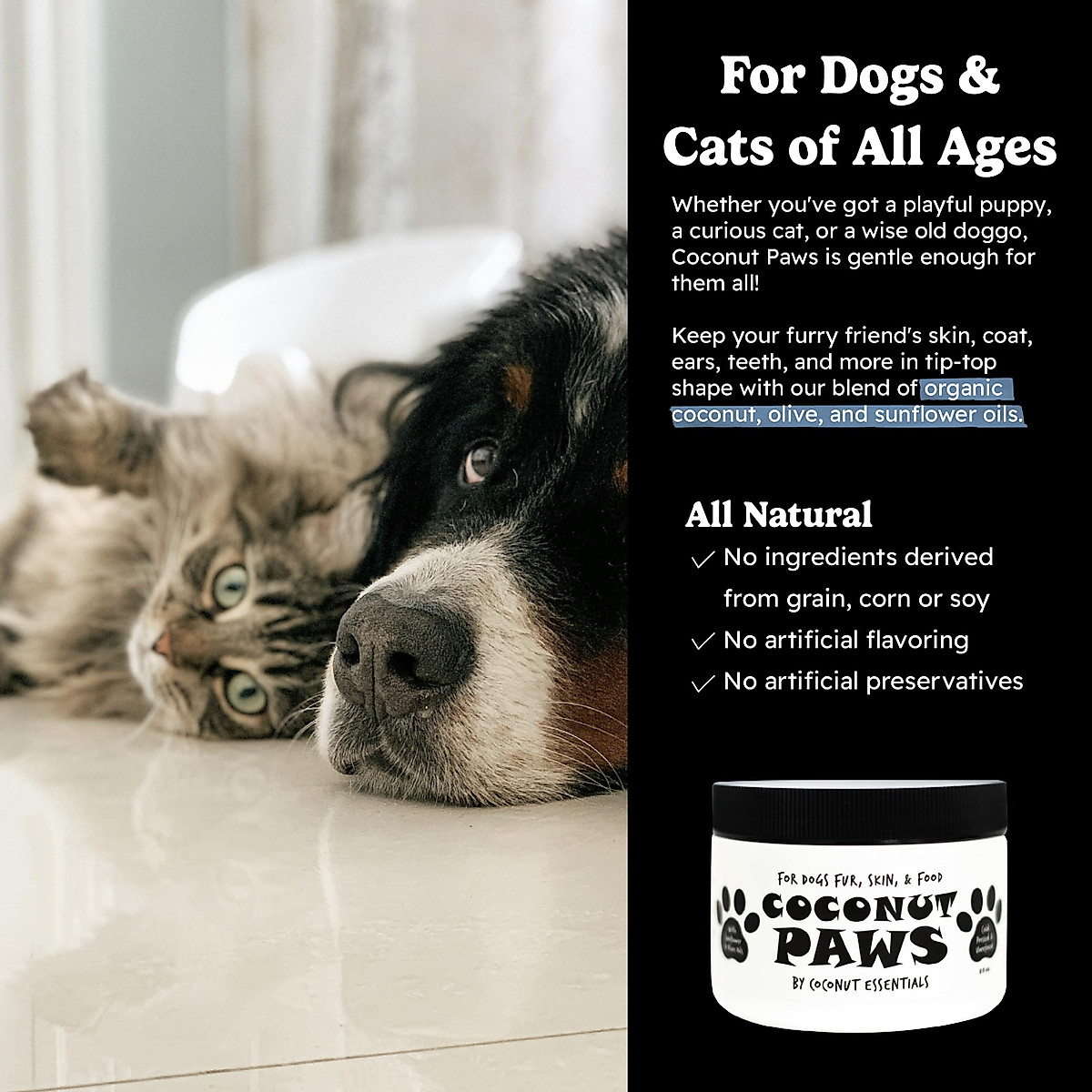 Coconut Paws Coconut Oil for Dogs Skin and Coat, Itching Relief, Hot spot Treatment, Hair Loss, aceite de Coco para Perros | w/Olive & Sunflower Oils | Vet Recommended 8oz - COCONUT ESSENTIALS