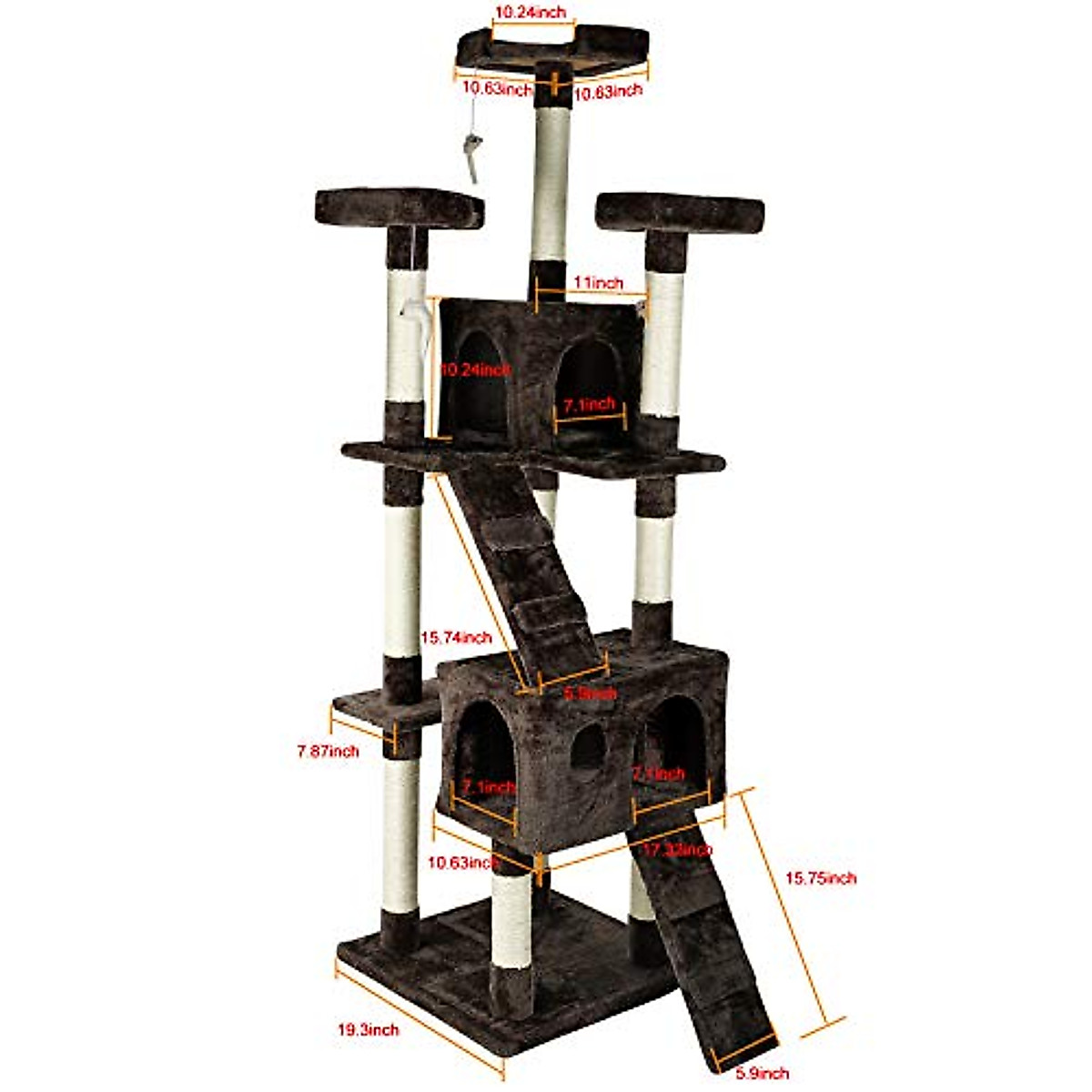 Confote 65” Multi-Level Cat Tree with 2 Condos and 3 Perches, Climber Tower Furniture for Large Cats Kitten