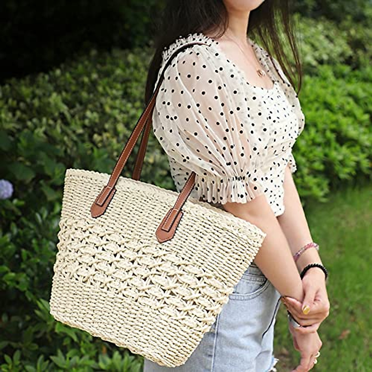 Women’s Straw Tote Bag Natural Woven Straw Beach Shoulder Bag Large Capacity Casual Handbags for Vocation