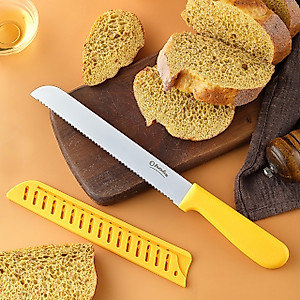 2PCS Bread Knives, Ohola 9 inch Orange Handle Bread Knife & 8 inch Yellow Handle Bread Knife, Serrated Bread Knife Cutter for Slicing Homemade Bread, Bagels, Cake (Matched Knife Sheath Included)