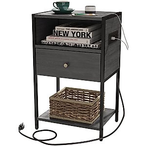 LDTTCUK Nightstand with Charging Station, Modern End Table with Drawer, Bedside Table with Open Storage for Bedroom, Grey
