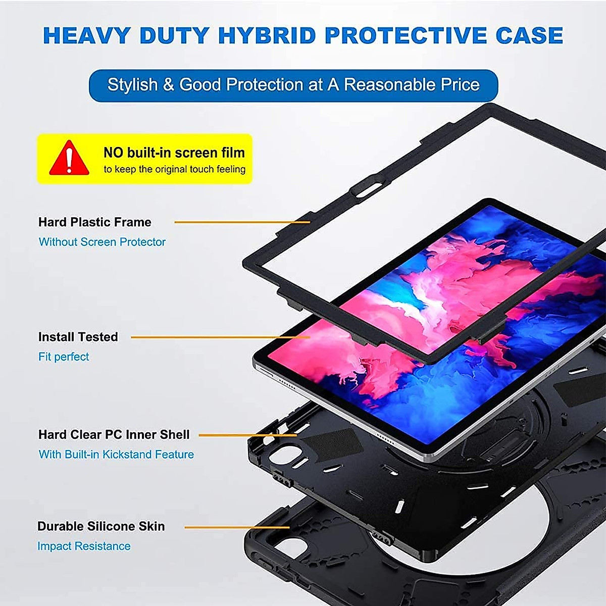 Junfire Shockproof Case for Lenovo Tab P11 Plus/P11 (2021/2020), Lenovo Tab P11 Plus/P11 Heavy Duty Rugged Case 11 inch with Hand Strap Kickstand Shoulder Belt for TB-J606F/TB-J606X/TB-J616F-Black