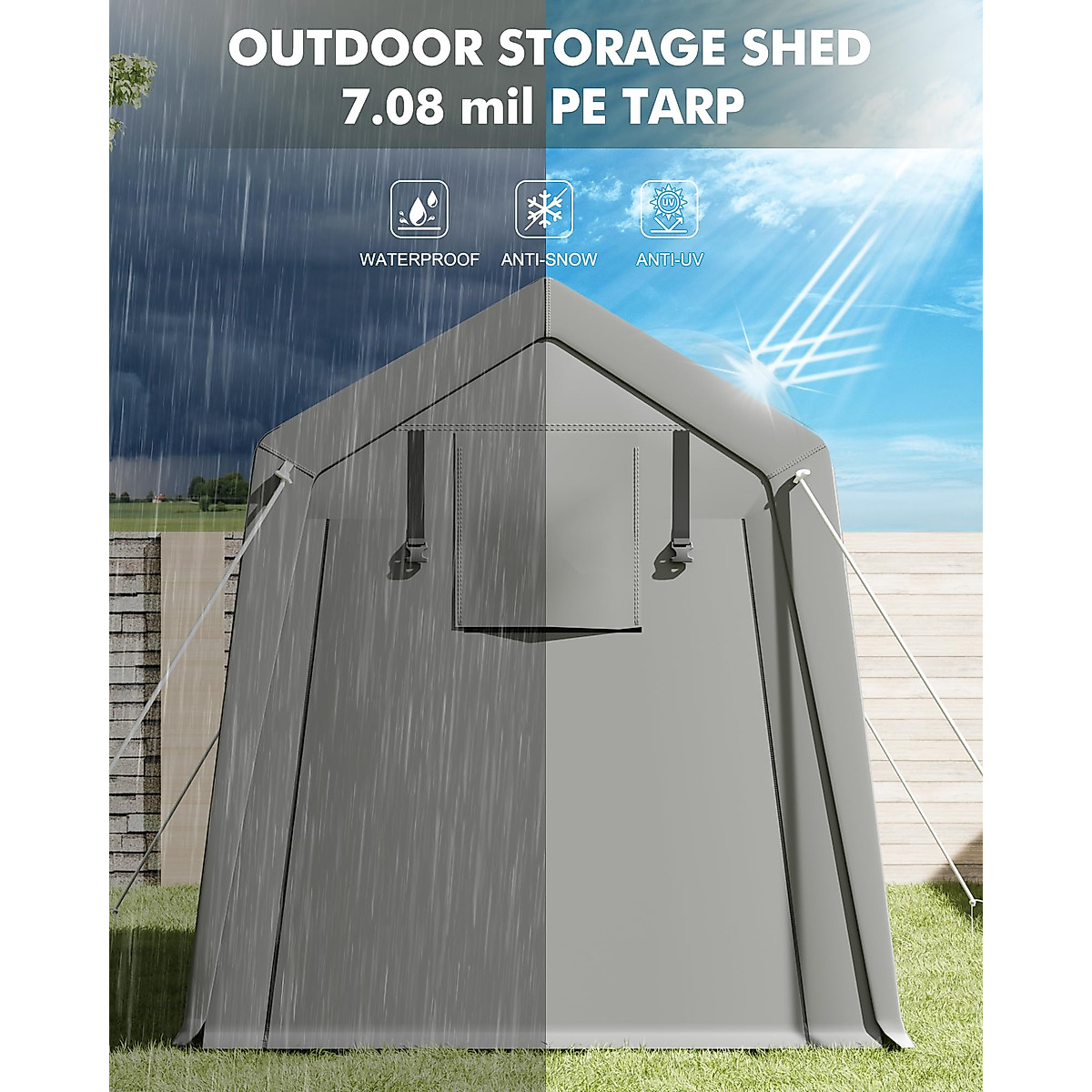 VORTEXTOVE Motorcycle Storage Sheds 7x15 FT, Portable Shed with Rolled up Zipper Door, Waterproof, Storage Tent Heavy Duty for Motorcycle, Bike, Firewood, Garden Tools, Grey
