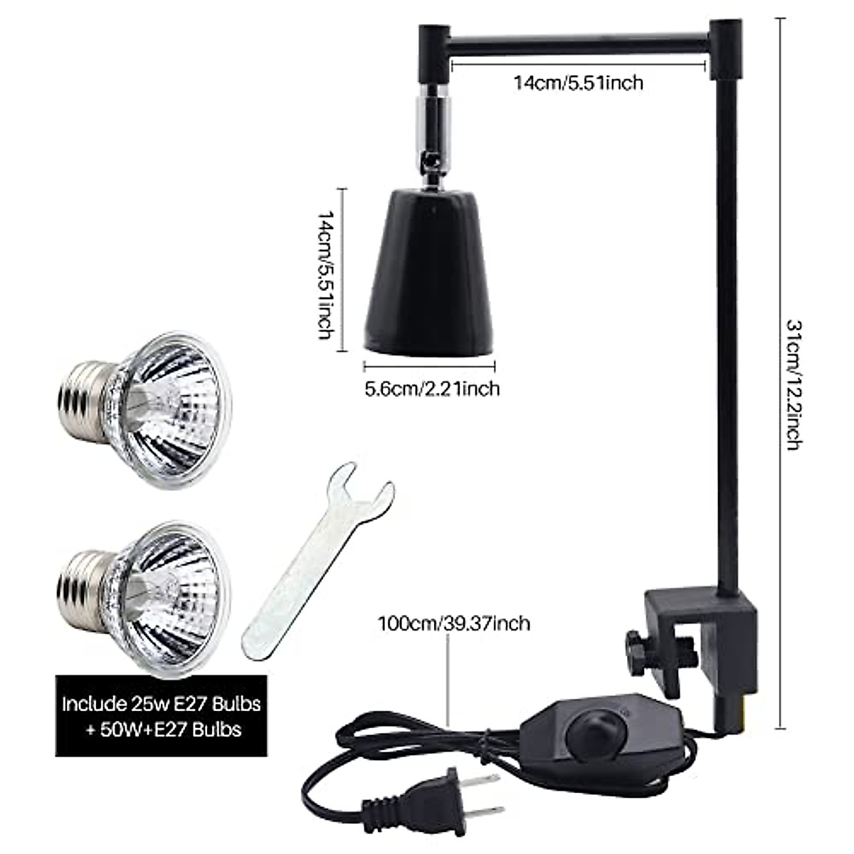 Reptile Heat Lamp Turtle Lights with Clip 360°Rotatable Basking Lamp Dimmable Switch Metal Stand with 25W/50W UVA UVB Full Spectrum Basking Spot Light, for Aquarium Fish Tank Reptile Amphibians Pets