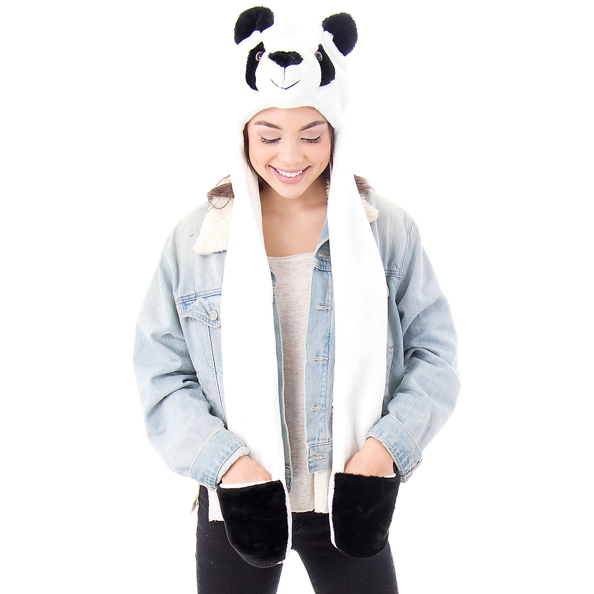 Simplicity Panda Animal Hats with Long Scarf 3 in 1 Multifunction Warm Hats