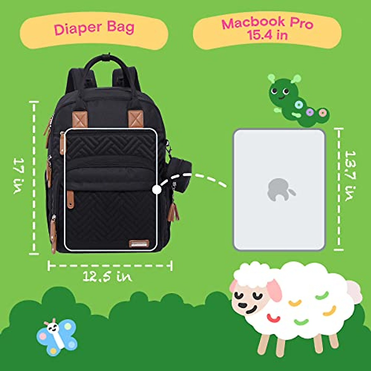 iniuniu Diaper Bag Backpack, 4 in 1 kit Large Unisex Baby Bags for Boys Girls, Waterproof Travel Back Pack with Diaper Pouch, Washable Changing Pad, Pacifier Case and Stroller Straps, Black