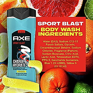 Axe Body Wash Charge & Hydrate Sports Blast Energizing Citrus Scent Men's Body Wash, 100 percent Recycled Bottle 16 oz 4 Count