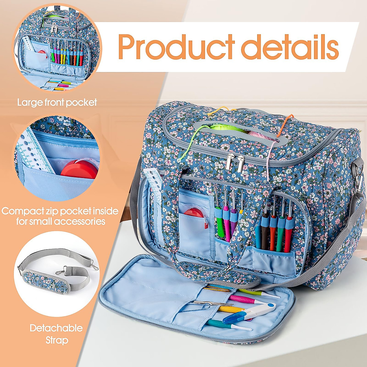 Hanfetch Yarn Storage Organizer, Knitting Crossbody Bag, Large Crochet Bag Tote Gift Yarn Holder Case for Carrying Projects, Knitting Needles, Crochet Hooks and Other Accessories (Flower-Blue)