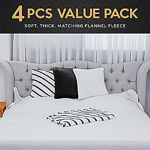 4 Piece Throw Blanket with Pillow Covers Set - Black & White Stripes Fleece Blanket with 3 Throw Pillow Covers - Soft Fluffy Cozy Flannel Blanket - Black, White and Stripe Square Pillow Covers 18x18