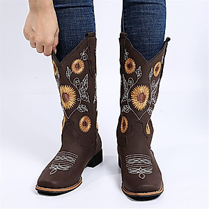 Jiemifu Cowboy Boots Women Sunflower Embroidered Western Boots Cowgirl Boots Square Toe Tall Cowgirl Boots for All Season/Everyday Occasions, Brown