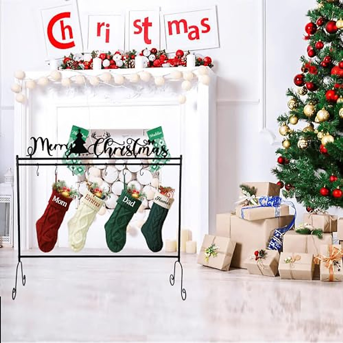 Profully 6 Hooks Christmas Stocking Holder Stand, Black Metal Christmas Stocking Hanger Stand for Floor with Detachable Christmas Decorations