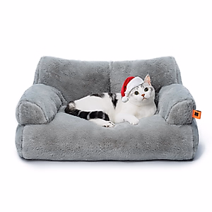 MEWOOFUN Cat Couch Bed for Indoor Cats, Washable Small Dog Beds for Medium Small Dogs & Cats up to 25 lbs, Fluffy Pet Beds with Non-Slip Bottom, 26×19×13 Inch (Grey)