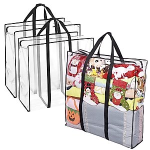 ProPik Clear Storage Bag Gift Wrap Clothes Organizer Big Zippered Christmas Decorations Storage Vinyl Bag for Under Bed Moving Bedding Linen Pillow Blanket Cloth Bag Reinforced Handles (Black, 3)
