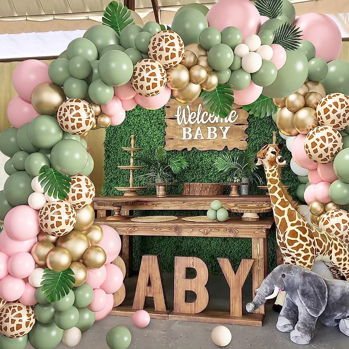 163Pcs Safari Balloon Garland Arch Kit, Animal Print Sage Green Jungle Balloons for Wild One Baby Shower Birthday Decorations Girl Boy Woodland Wedding Bridal Party Supplies