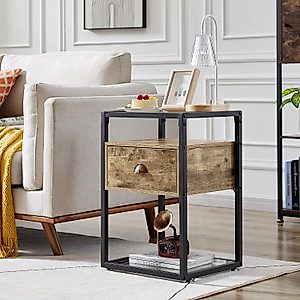 VECELO End Table, Modern Nightstand with Drawer, Night Stand Set of 2 for Bedroom Living Room,Tempered Glass, 23.6" Height, Grey