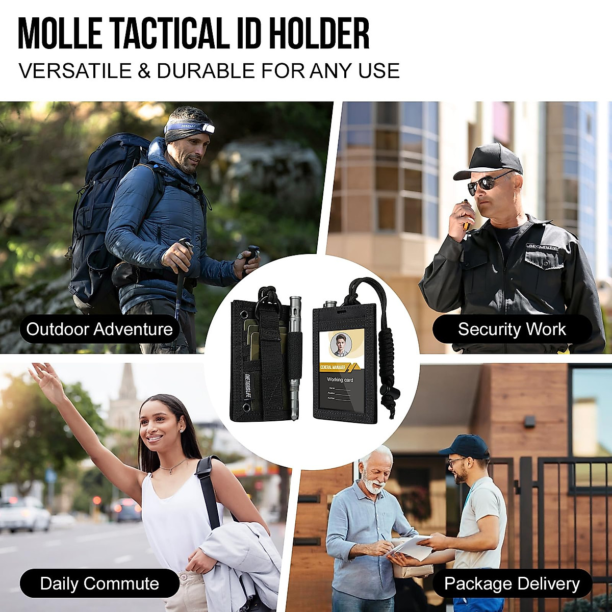 OneTigris Tactical ID Card Holder Hook & Loop Patch Badge Holder Neck Lanyard Key Ring and Credit Card Organizer (Black)