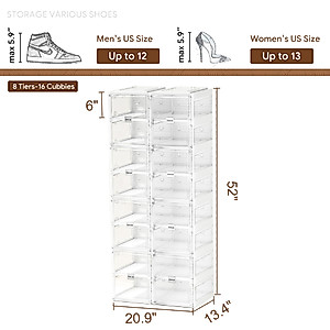 BINSIO Shoe Organizer, Portable Shoes Rack for Closet, Shoe Storage Boxes, Foldable Shoe Cabinet for Entryway, Easy Assemble Plastic Stackable Sneaker Bins with Magnetic Clear Doors, 8 Tiers 16 Pairs