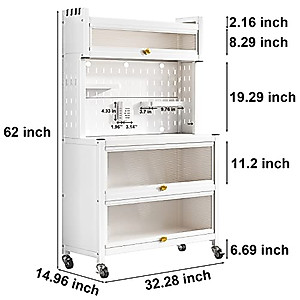 Kitchen Baker's Rack with Flip Door Cabinet, 5-Tier Microwave Stand with Pegboard Accessories, Large Metal Storage Shelves for Garage Pantry Home Kitchen Spices, Pots, and Pans (White)