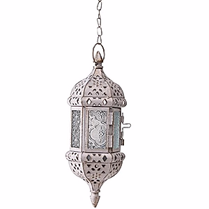 Hitommy Retro Glass Iron Moroccan Hanging Art Lantern Tea Pendant Light Holder Home Garden Decor - Brown