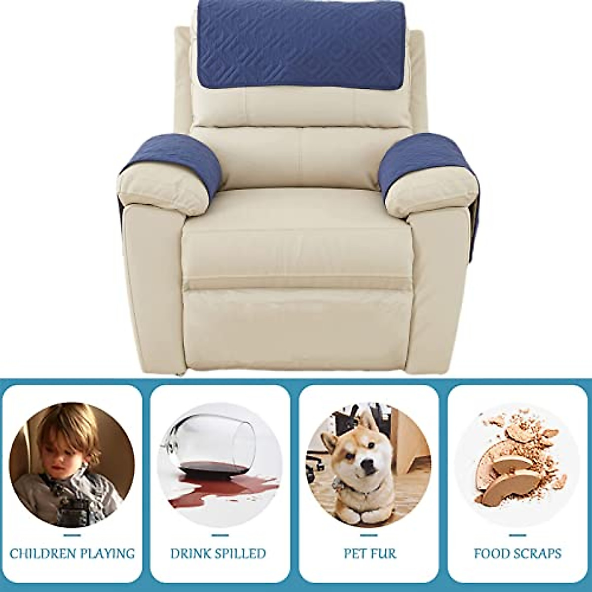 EXTLEZSA Water Proof Sofa Armrest Cover, 1/2/3 Seater Sofa Headrest Slipcovers with Pocket Nonslip Armchair Cover Quilted Furniture Protector for Recliner Leather Sofa Couch (Navy,1 Seat 3 pc)