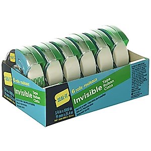 Seal-It Invisible Stationery Tape 3/4 x 1000 Inches On Press N' Cut Dispenser, Pack of 6 Total 6000 Inches, White (62452)