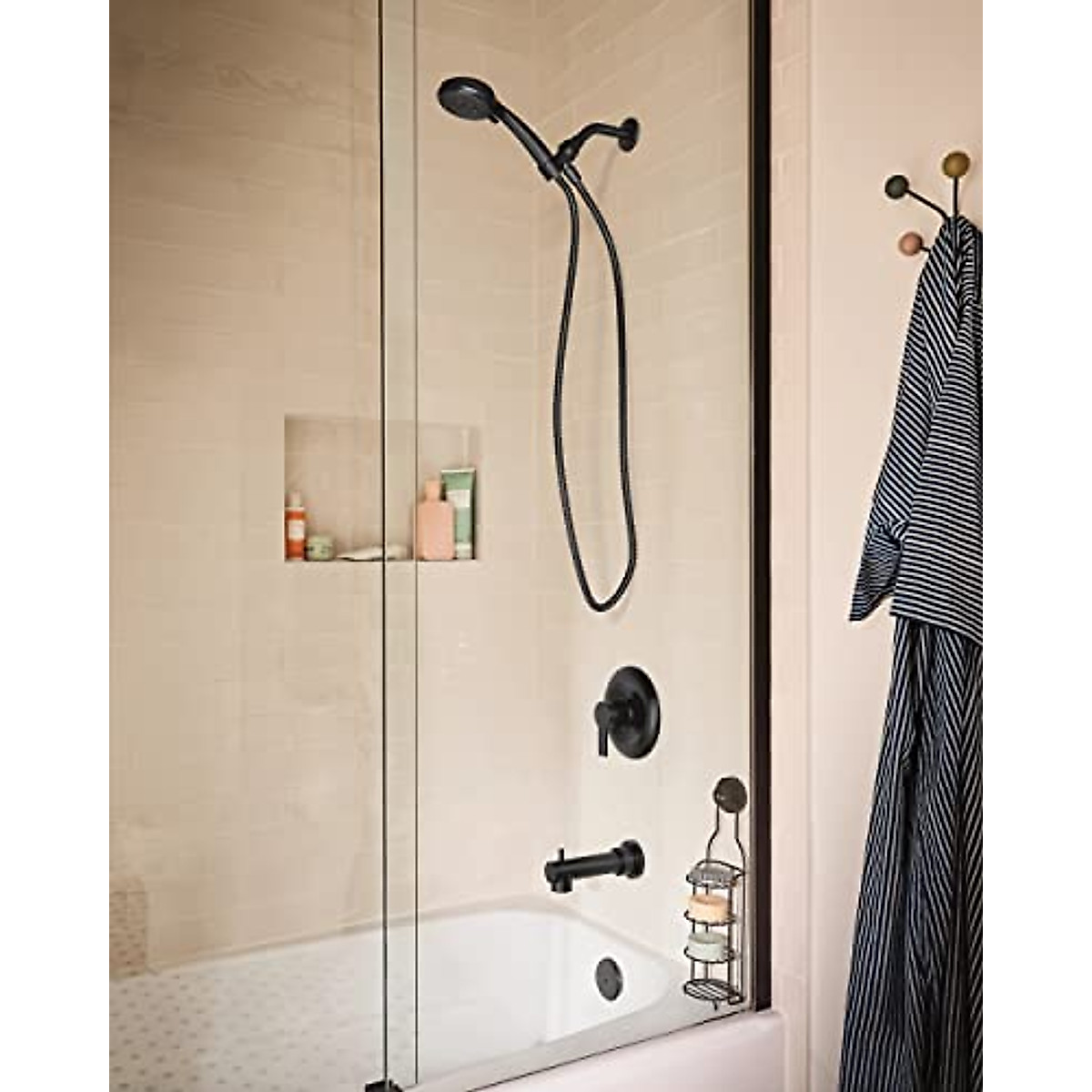 Moen 82618BL Meena Black Single-handle Modern Shower Faucet with Handshower and Tub Spout, 4 Spray Functions, Pressure Balancing, Adjustable Temperature, Durable