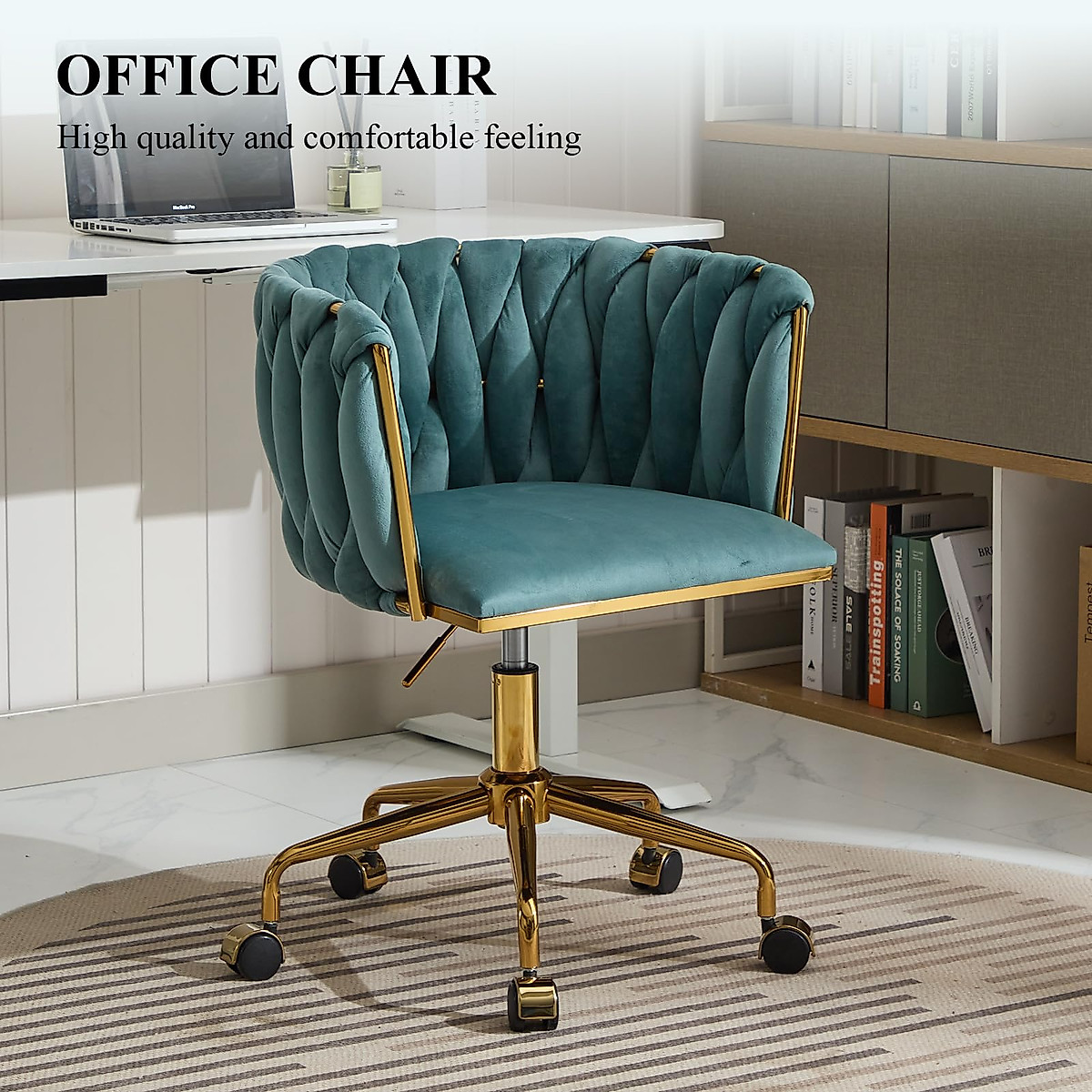 NIOIIKIT Office Chair, Adjustable Swivel Desk Chair with Woven Back, Velvet Upholstered Computer Chair with Wheels, Modern Makeup Chair for Office,Living Room