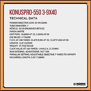 KONUS — KonusPro 7276 - 550 IR 3X-9X40 Riflescope w/ Engraved 550 Ballistic Reticle and Illuminated Center Dot