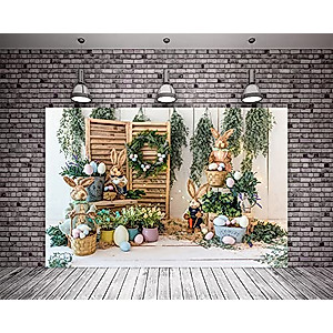 7x5ft Happy Easter Backdrops for Photography Spring Easter Background Hare Rabbits Colorful Eggs Rustic Backdrop for Party Baby Show Photo Booth Prop Backdrop