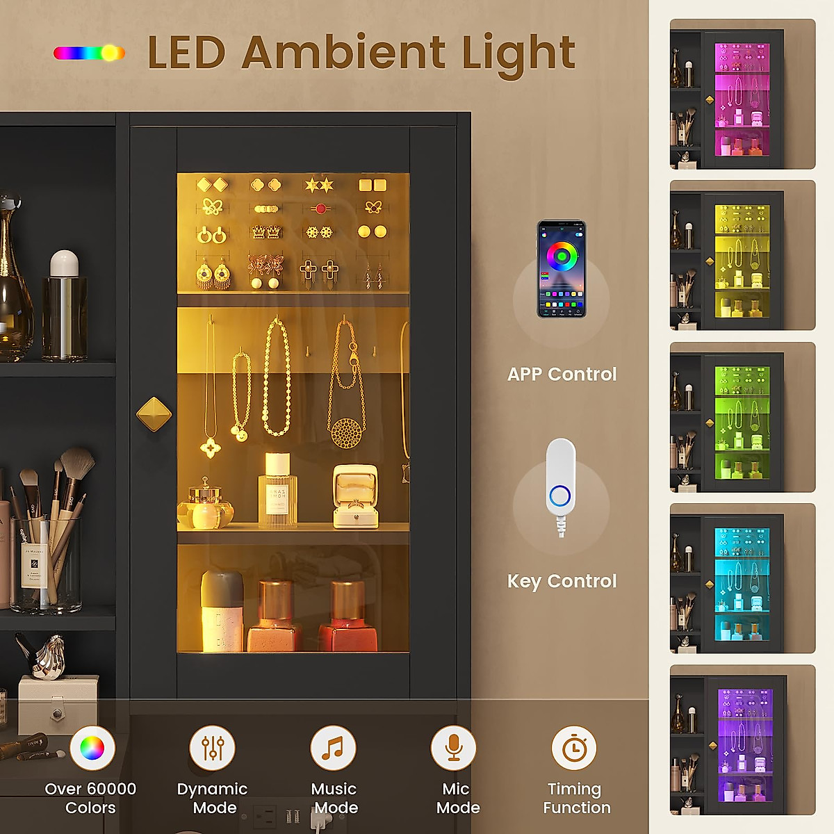 BTHFST Makeup Vanity with Upholstered Stool & Charging Station, Vanity Desk with Mirror and Lights & Jewelry Storage, Vanity Table Set with RGB Lights & 5 Drawers & Shelves, Black & Gold