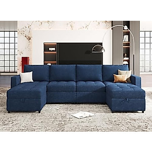 Belffin Fabric Modular Convertible Sectional Sofa U Shape Pull Out Couch with Ottomans 6 Piece Sofa Sectional Set Sleeper Couch with Double Reversible Chaises and Storage for Living Room Blue