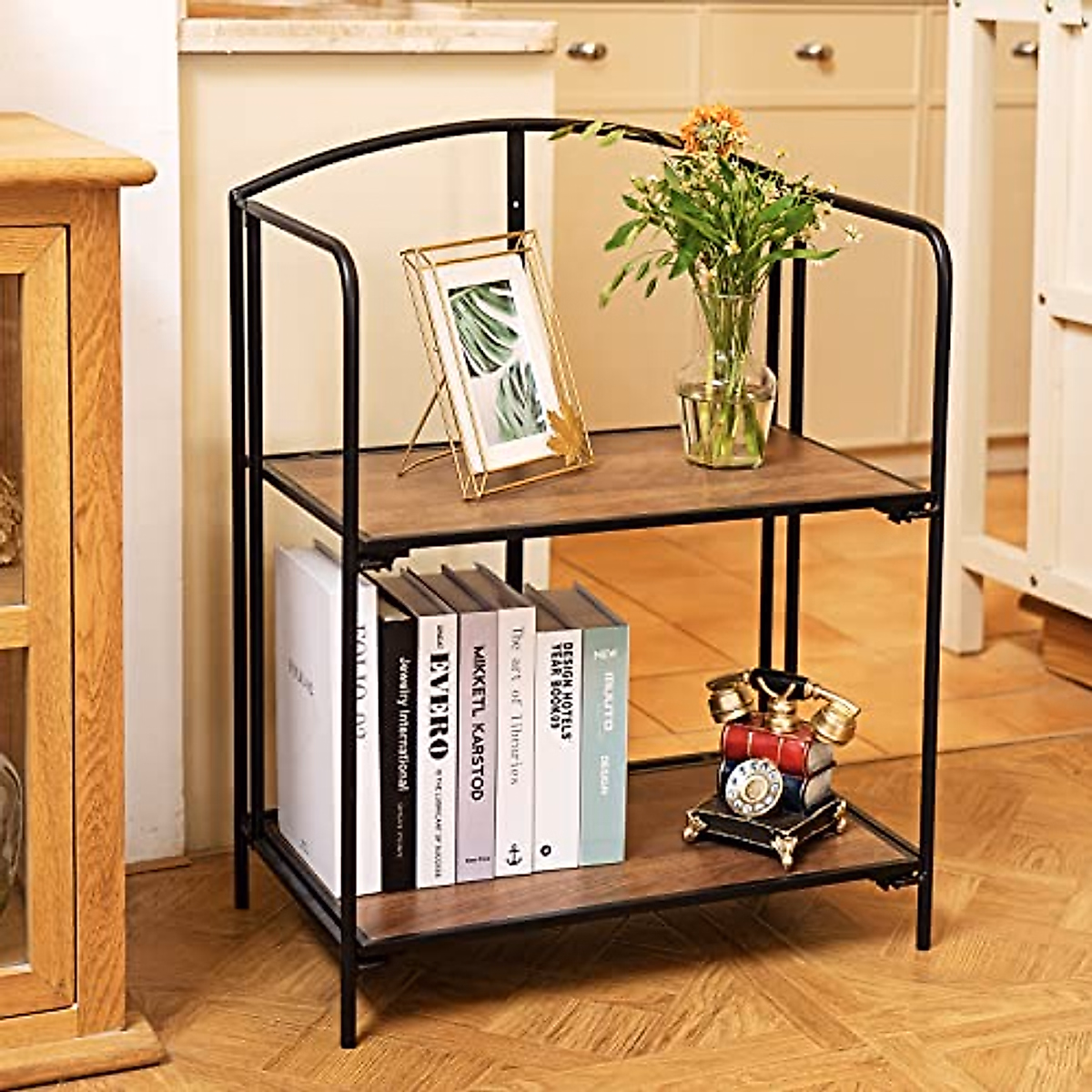Crofy No Assembly Folding Bookshelf, 2 Tier Black Bookshelf, Metal Book Shelf for Storage, Folding Bookcase for Office Organization and Storage, 12.6 D x 22.44 W x 28.74 H Inches