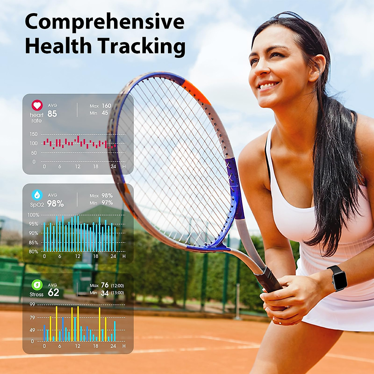 Pautios Smart Watch, Swimming Waterproof Fitness Tracker with Heart Rate, SpO2 and Sleep Monitor, 44mm Fitness Watch for Women Men, Step Calories Tracker, Smartwatch Compatible with iOS Android Phones