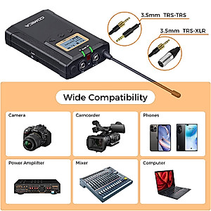 Wireless Lavalier Microphone, with Carrying Bag,Comica CVM-WM100 PLUS UHF 48 Channels Dual Lapel Microphone System for DSLR Cameras, XLR Camcorder, Phone, Lav Mic for Interview Youtube Video Shotting