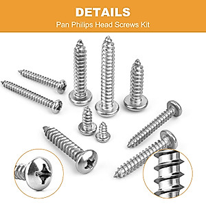 VIGRUE 460pcs Pan Head Philips Wood Screws, #4,#6,#8,#10,#12, 304 Stainless Steel Self Tapping Screw Assortment kit