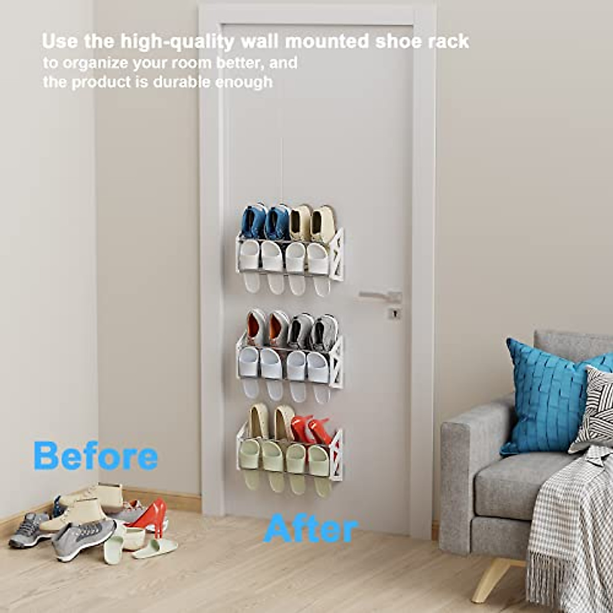 Yocice Wall Mounted Shoes Rack 3Pack/Can Store 6Pairs Sneakers and 6Pairs Slide Sandal,with Sticky Hanging Mounts, Shoes Holder Storage Organizer Shelf ,Door Shoe Hangers, SM07-17.5inch-3Pack(White)