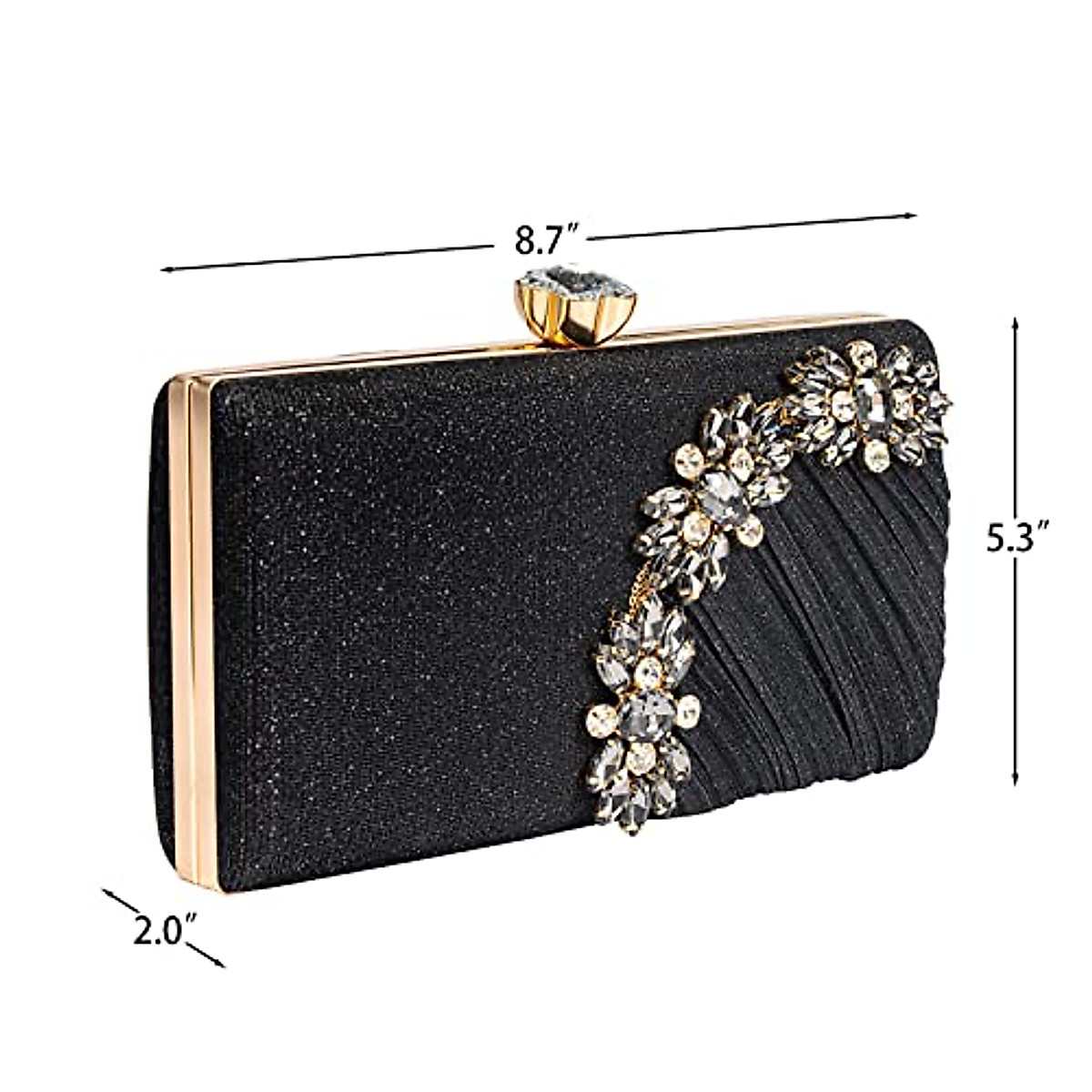 Mulian LilY Black Evening Bags For Women Glitter Crystal Pleated Bling Clutch Purse With Detachable Chain Strap M262