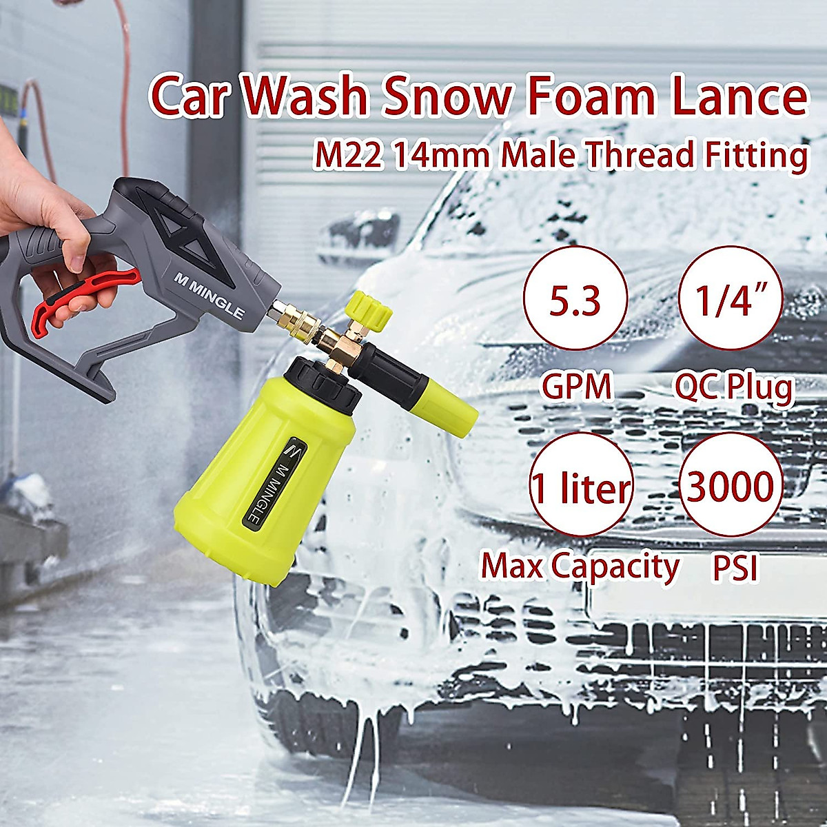 M MINGLE High Pressure Washer Gun Snow Foam Lance with Pressure Washer Hose