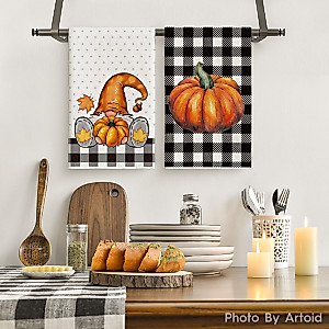 Artoid Mode Buffalo Plaid Pumpkin Truck Sunflower Gnome Fall Kitchen Towels and Dish Towels, 18 x 26 Inch Harvest Thanksgiving Ultra Absorbent Drying Cloth Tea Towels for Cooking Baking Set of 4