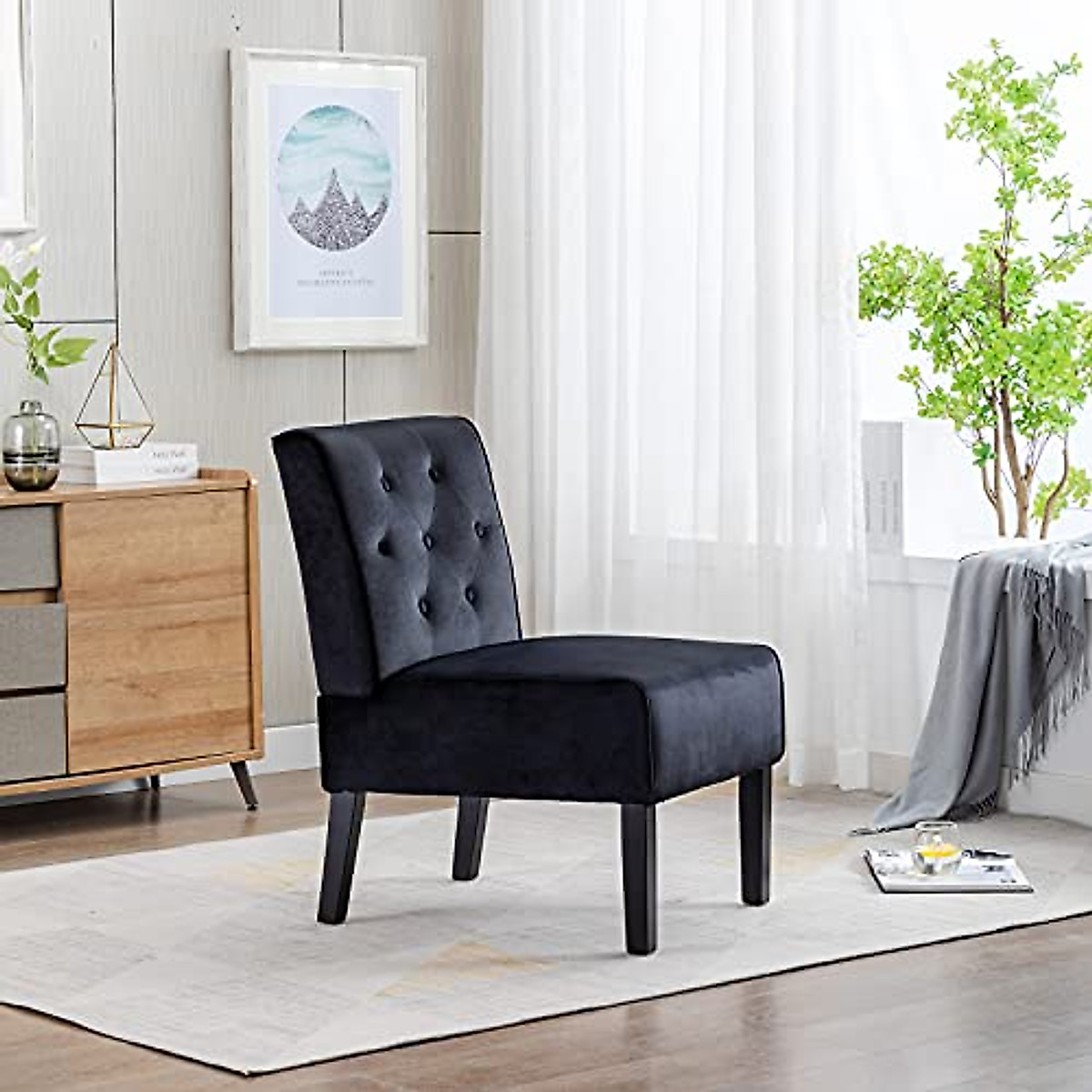 Freemax Velvet Fabric Accent Chair Armless Leisure Side Chair Cute Decorative Slipper Chair Small Tufted Single Sofa Chair for Living Room Bedroom Office Reading Room Nook (Black)