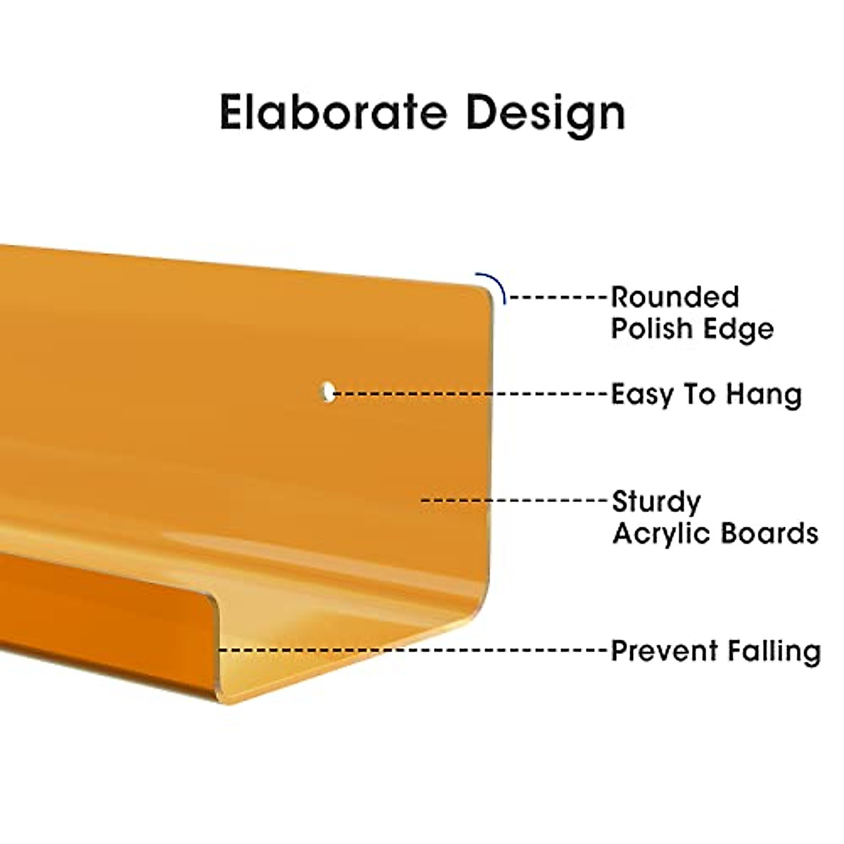 RRG 15 Inch Acrylic Floating Shelves, 2 Pack Kids Floating Bookshelf Wall Mounted Display Shelf for Books, Kids Room, Nursery, Bedroom, Bathroom, Living Room (Orange)