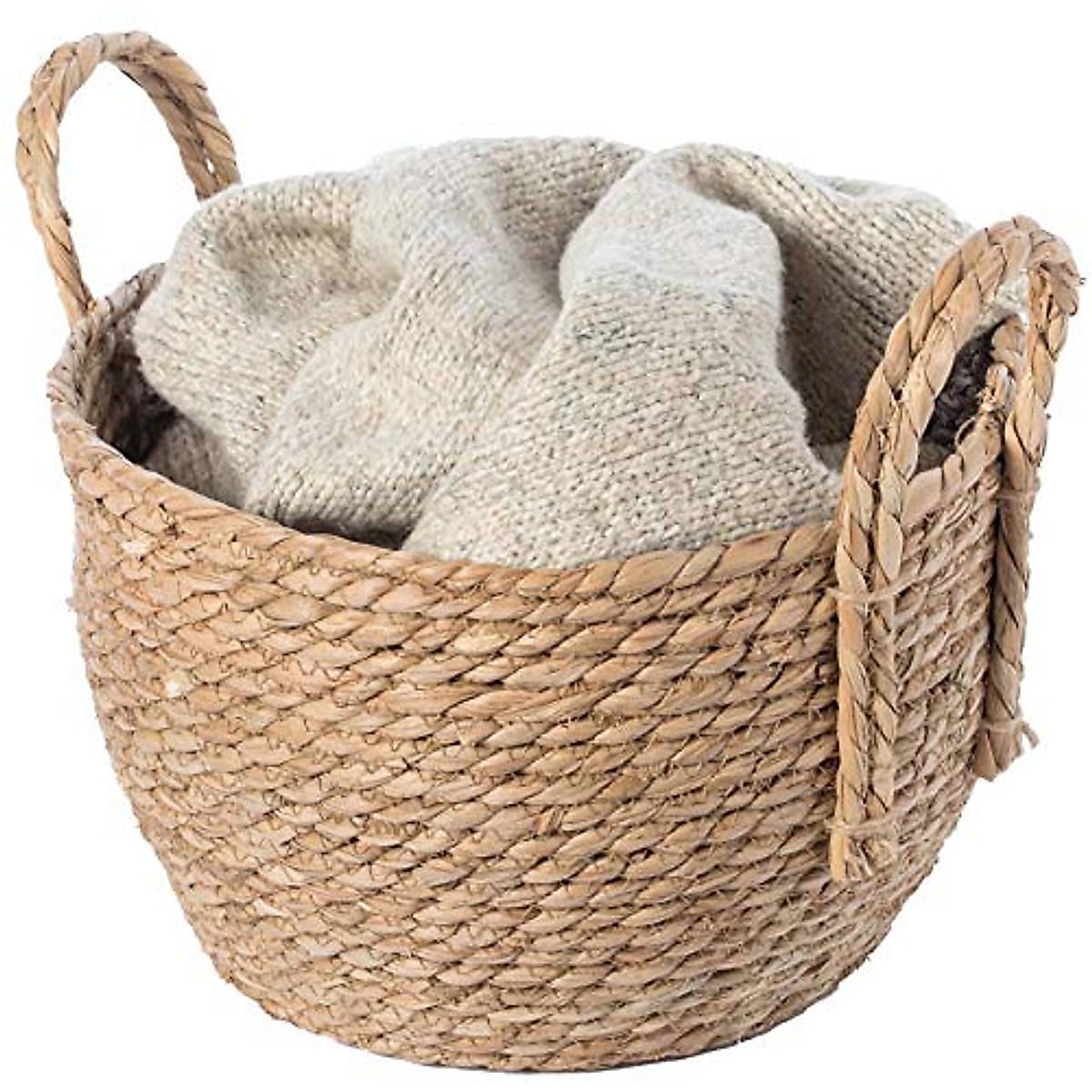 Vintiquewise Decorative Round Wicker Woven Rope Storage Blanket Basket with Braided Handles - Small