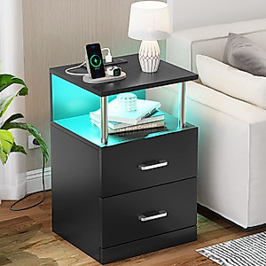 AOGLLATI Nightstand with Charging Station and LED Lights, Night Stand with Open Storage, Bedside Table with Drawers, 2 USB Ports, 2 Outlets, Modern End Side Table for Bedroom,White