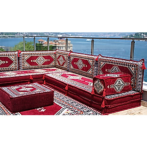 Maroon L Shaped Sectional Sofas, Arabic Sofa Set, Terrace Pallet Sofa, Floor Cushions, Arabic Majlis, Pouffs, Turkish Floor Seating Set (L Sofa + Rug + Ottoman, 8'' Thickness (20 cm))